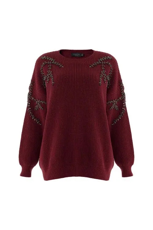 EXQUISE Grace Embroidered Crew Neck Long Sleeve Sweater