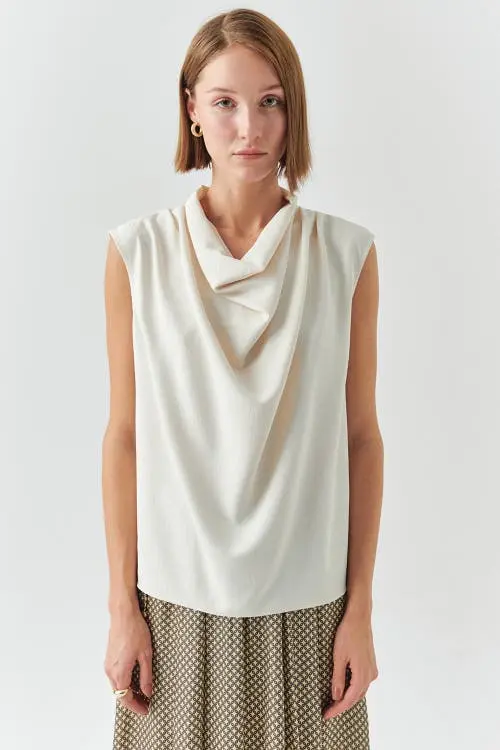 EXQUISE Ashlyn Sleeveless Cowl Neck Blouse - Cream
