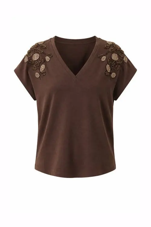 EXQUISE Oaklyn Embellished V-neck T-shirt