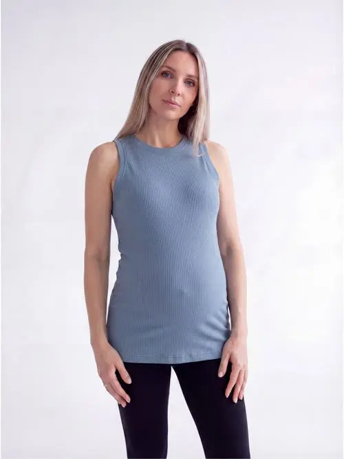 24SEVEN COMFORT APPAREL Maternity Basic Ribbed Knit Round Neck Sleeveless Tank Top - Denim