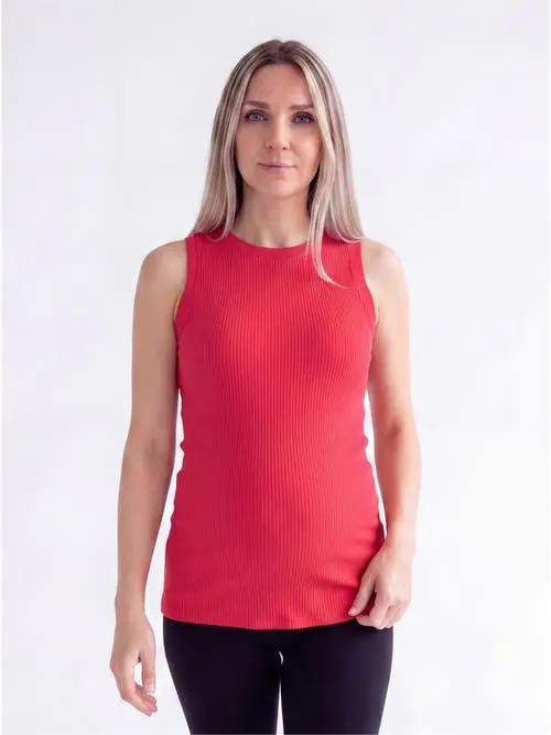 24SEVEN COMFORT APPAREL Maternity Basic Ribbed Knit Round Neck Sleeveless Tank Top - Fuchsia