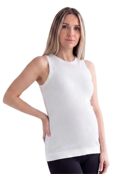 24SEVEN COMFORT APPAREL Maternity Ribbed Knit Round Neck Sleeveless Tank Top - Ivory