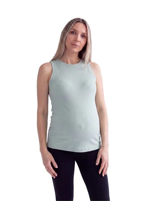 24SEVEN COMFORT APPAREL Maternity Basic Ribbed Knit Round Neck Sleeveless Tank Top - Mint