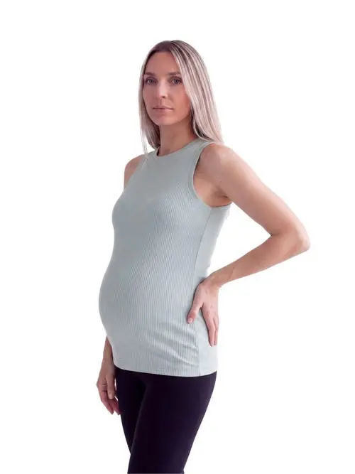 24SEVEN COMFORT APPAREL Maternity Ribbed Knit Round Neck Sleeveless Tank Top - Mint