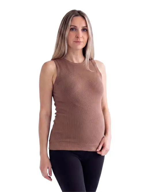 24SEVEN COMFORT APPAREL Maternity Basic Ribbed Knit Round Neck Sleeveless Tank Top - Mocha