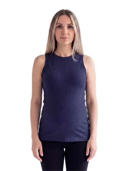 24SEVEN COMFORT APPAREL Maternity Basic Ribbed Knit Round Neck Sleeveless Tank Top - Navy