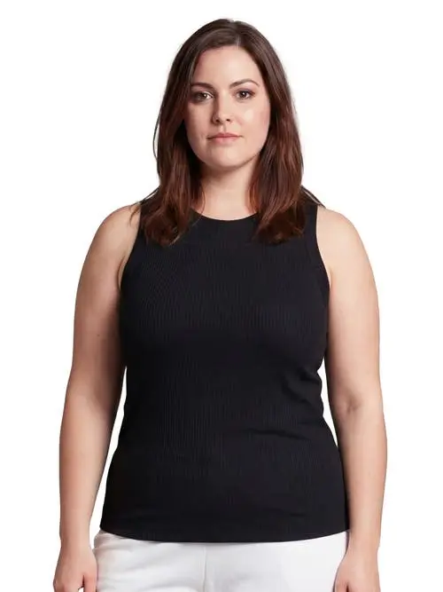 24SEVEN COMFORT APPAREL Curvy Basic Ribbed Knit Round Neck Sleeveless Tank Top - Black