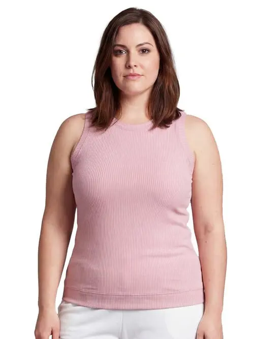 24SEVEN COMFORT APPAREL Curvy Basic Ribbed Knit Round Neck Sleeveless Tank Top - Blush