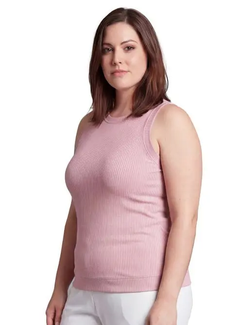24SEVEN COMFORT APPAREL Sleeveless Ribbed Knit Round Neck Tank Top - Blush