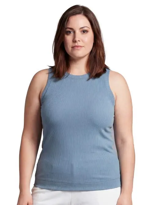 24SEVEN COMFORT APPAREL Curvy Basic Ribbed Knit Round Neck Sleeveless Tank Top - Denim