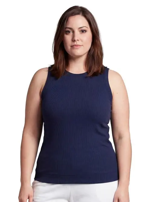 24SEVEN COMFORT APPAREL Curvy Basic Ribbed Knit Round Neck Sleeveless Tank Top - Navy