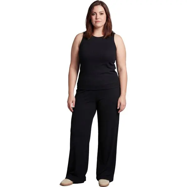 24SEVEN COMFORT APPAREL Curvy Basic Ribbed Knit Tank Top And Elastic Waist Wide Leg Pant Set - Black