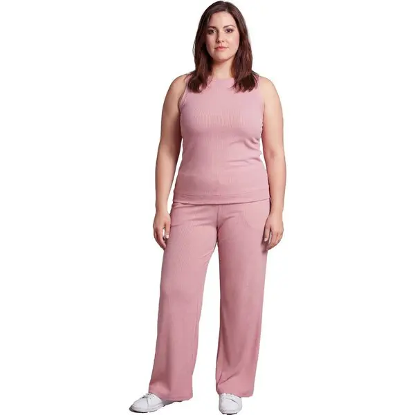 24SEVEN COMFORT APPAREL Curvy Basic Ribbed Knit Tank Top And Elastic Waist Wide Leg Pant Set - Blush