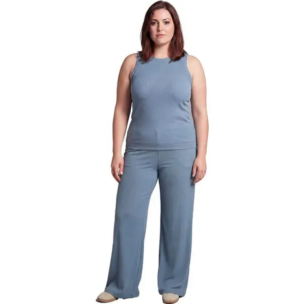 24SEVEN COMFORT APPAREL Curvy Basic Ribbed Knit Tank Top And Elastic Waist Wide Leg Pant Set - Denim
