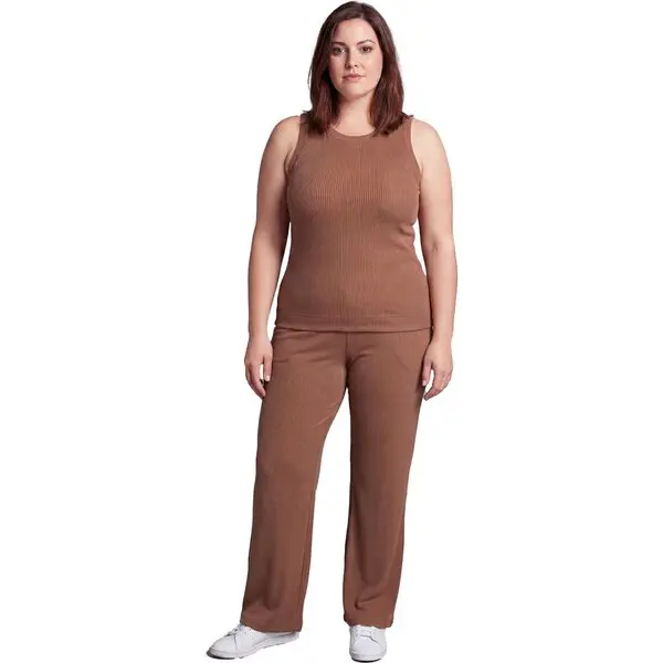 24SEVEN COMFORT APPAREL Curvy Basic Ribbed Knit Tank Top And Elastic Waist Wide Leg Pant Set - Mocha