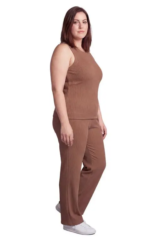 24SEVEN COMFORT APPAREL Ribbed Knit Tank Top And Wide Leg Pant Set - Mocha