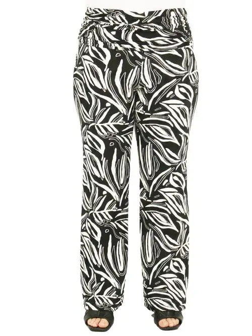 24SEVEN COMFORT APPAREL Curvy Essential Abstract Print Foldover Waist Wide Leg Pants - Black Multi