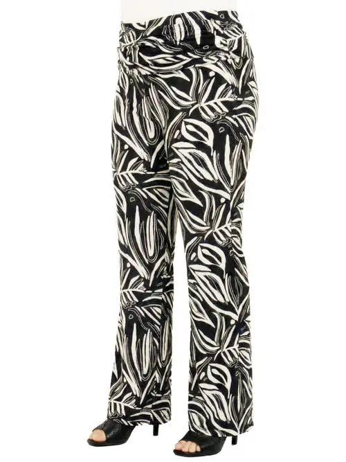 24SEVEN COMFORT APPAREL Abstract Print Foldover Waist Wide Leg Pants
