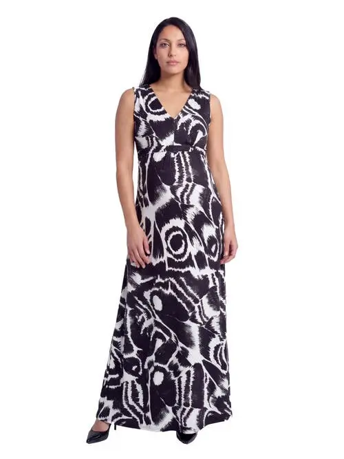 24SEVEN COMFORT APPAREL Maternity Essential Abstract Print V-neck Sleeveless Tie Back Empire Waist Maxi Dress - Black Multi
