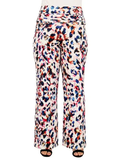 24SEVEN COMFORT APPAREL Curvy Essential Cheetah Print Foldover Waist Wide Leg Pants - White Multi
