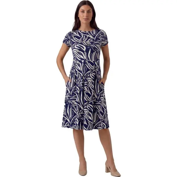 24SEVEN COMFORT APPAREL Maternity Essential Abstract Print Short Sleeve Boat Neck Pleated Pocket Fit & Flare Midi Dress - Navy Multi
