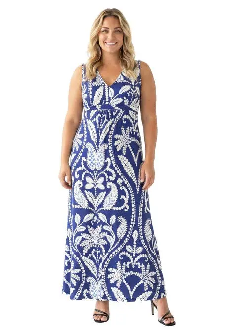 24SEVEN COMFORT APPAREL Curvy Essential Paisley Print V-neck Sleeveless Tie Back Empire Waist Maxi Dress - Blue Multi