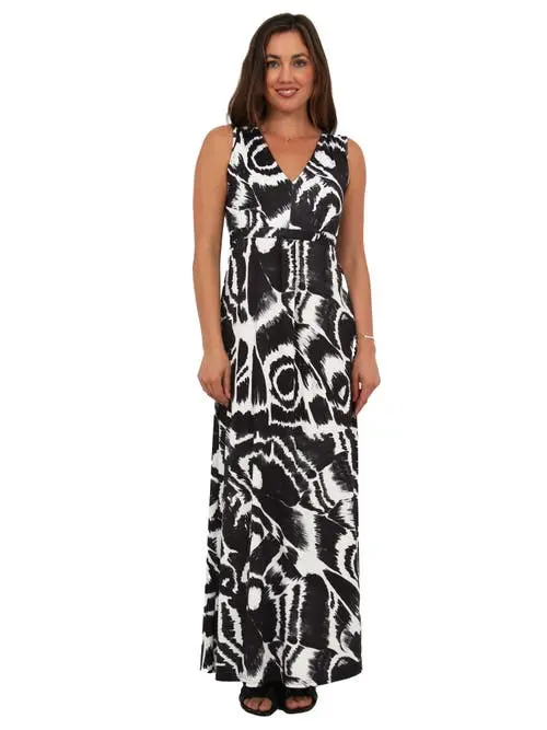 24SEVEN COMFORT APPAREL Essential Abstract Print V-neck Sleeveless Tie Back Empire Waist Maxi Dress - Black Multi