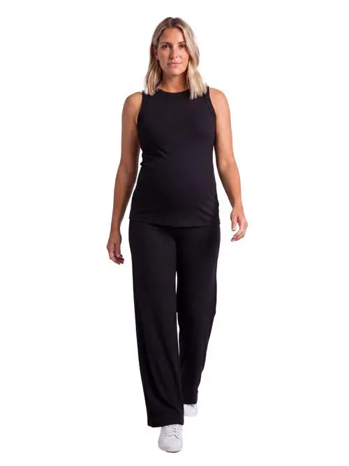 24SEVEN COMFORT APPAREL Maternity Basic Ribbed Knit Tank Top And Elastic Waist Wide Leg Pant Set - Black
