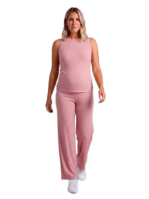 24SEVEN COMFORT APPAREL Maternity Basic Ribbed Knit Tank Top And Elastic Waist Wide Leg Pant Set - Blush