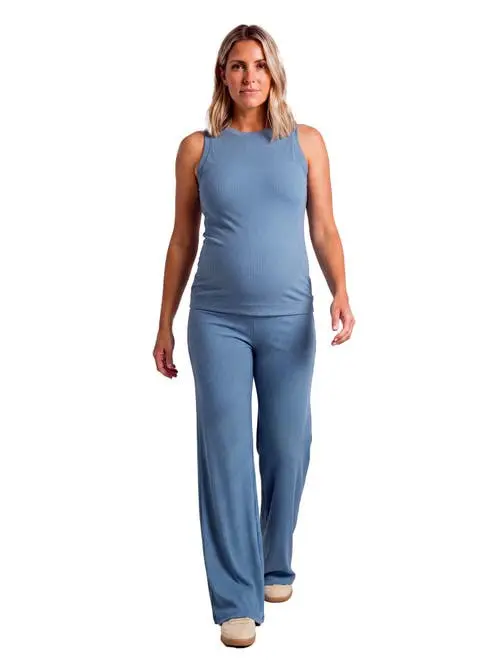 24SEVEN COMFORT APPAREL Maternity Basic Ribbed Knit Tank Top And Elastic Waist Wide Leg Pant Set - Denim