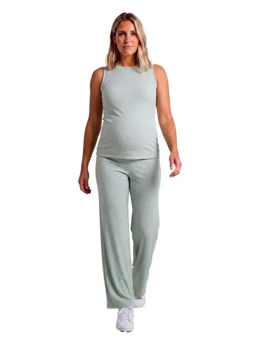 24SEVEN COMFORT APPAREL Maternity Basic Ribbed Knit Tank Top And Elastic Waist Wide Leg Pant Set - Mint
