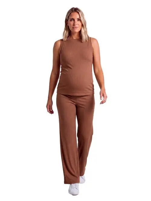 24SEVEN COMFORT APPAREL Maternity Basic Ribbed Knit Tank Top And Elastic Waist Wide Leg Pant Set - Mocha