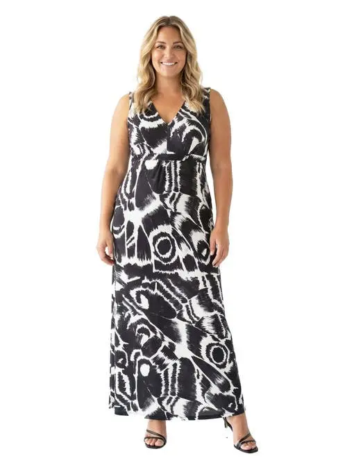 24SEVEN COMFORT APPAREL Curvy Essential Abstract Print V-neck Sleeveless Tie Back Empire Waist Maxi Dress - Black Multi