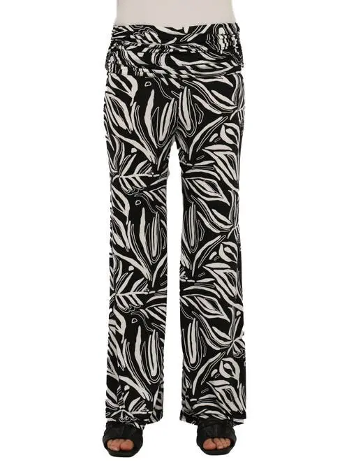 24SEVEN COMFORT APPAREL Essential Abstract Print Foldover Waist Wide Leg Pants - Black Multi