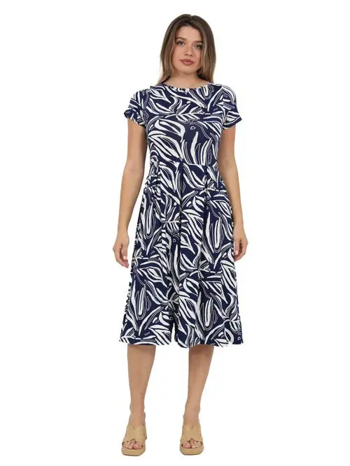 24SEVEN COMFORT APPAREL Essential Abstract Print Short Sleeve Boat Neck Pleated Pocket Fit & Flare Midi Dress - Navy Multi