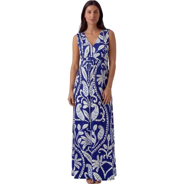 24SEVEN COMFORT APPAREL Maternity Essential Abstract Print V-neck Sleeveless Tie Back Empire Waist Maxi Dress - Blue Multi