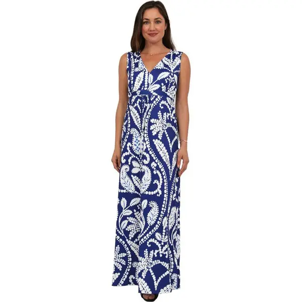 24SEVEN COMFORT APPAREL Essential Abstract Print V-neck Sleeveless Tie Back Empire Waist Maxi Dress - Blue Multi