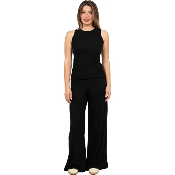 24SEVEN COMFORT APPAREL Basic Ribbed Knit Tank Top And Elastic Waist Wide Leg Pant Set - Black