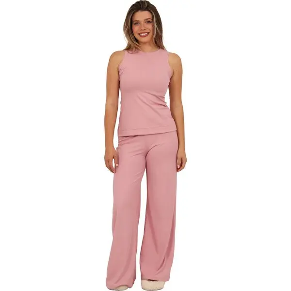24SEVEN COMFORT APPAREL Basic Ribbed Knit Tank Top And Elastic Waist Wide Leg Pant Set - Blush