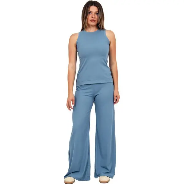 24SEVEN COMFORT APPAREL Basic Ribbed Knit Tank Top And Elastic Waist Wide Leg Pant Set - Denim