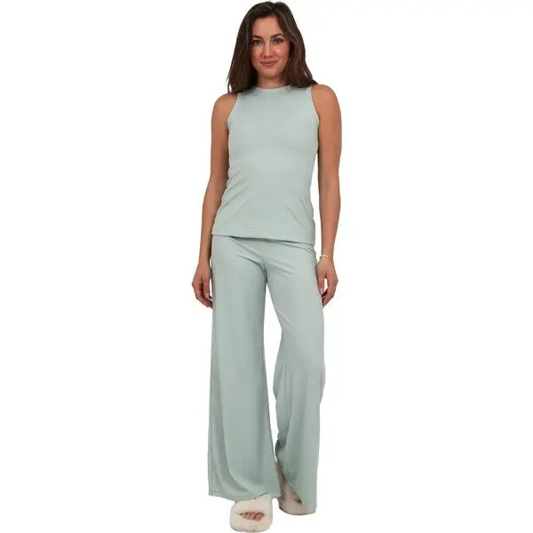 24SEVEN COMFORT APPAREL Basic Ribbed Knit Tank Top And Elastic Waist Wide Leg Pant Set - Mint