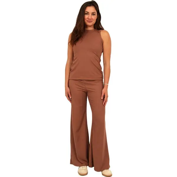 24SEVEN COMFORT APPAREL Basic Ribbed Knit Tank Top And Elastic Waist Wide Leg Pant Set - Mocha