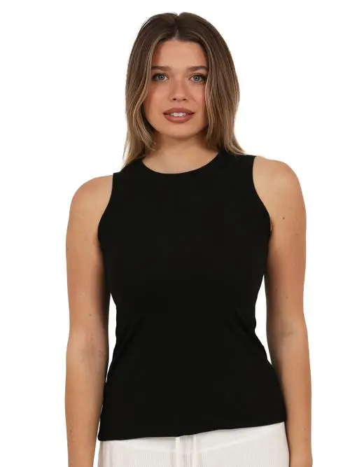 24SEVEN COMFORT APPAREL Basic Ribbed Knit Round Neck Sleeveless Tank Top - Black