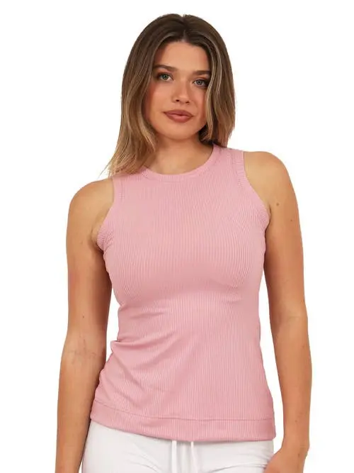 24SEVEN COMFORT APPAREL Basic Ribbed Knit Round Neck Sleeveless Tank Top - Blush