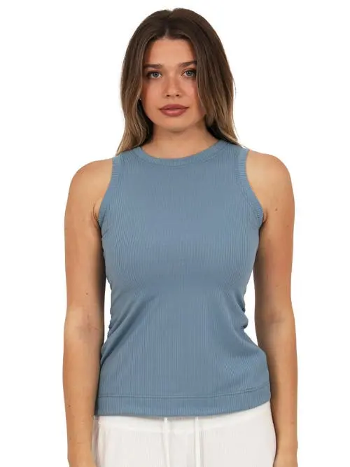 24SEVEN COMFORT APPAREL Basic Ribbed Knit Round Neck Sleeveless Tank Top - Denim