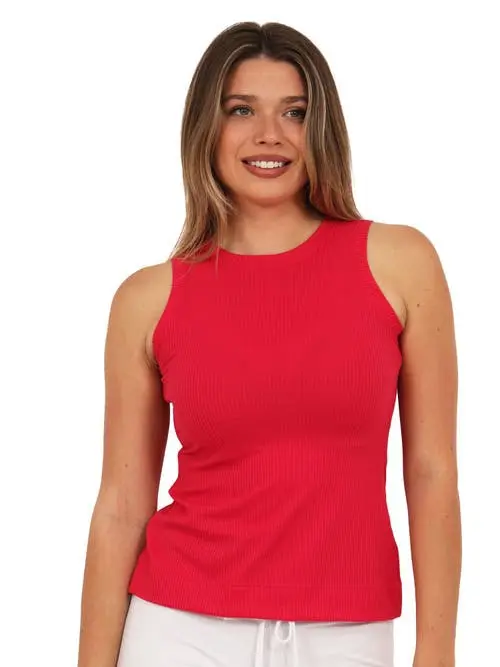 24SEVEN COMFORT APPAREL Basic Ribbed Knit Round Neck Sleeveless Tank Top - Fuchsia