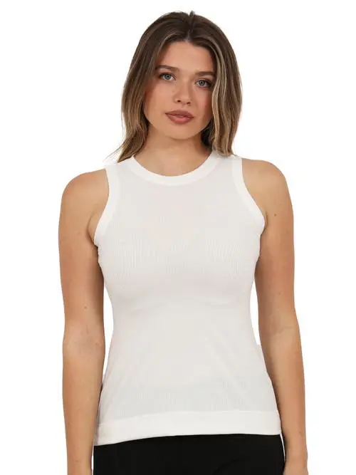 24SEVEN COMFORT APPAREL Sleeveless Ribbed Knit Round Neck Tank Top - Ivory