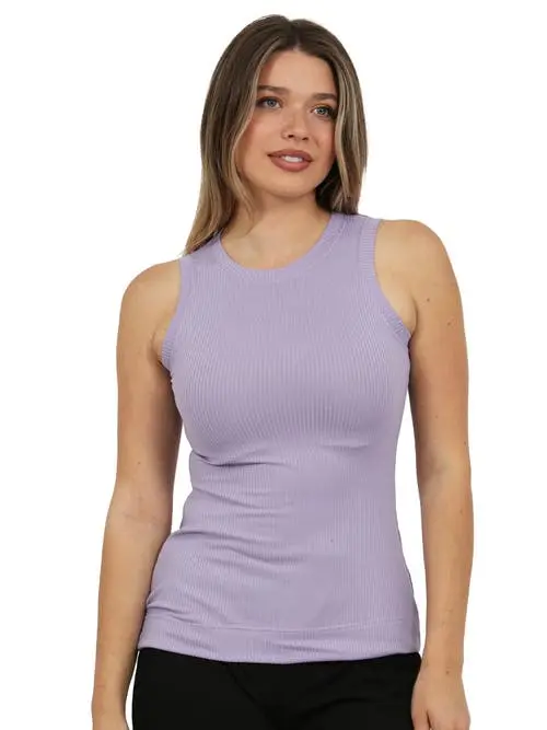 24SEVEN COMFORT APPAREL Basic Ribbed Knit Round Neck Sleeveless Tank Top - Lilac