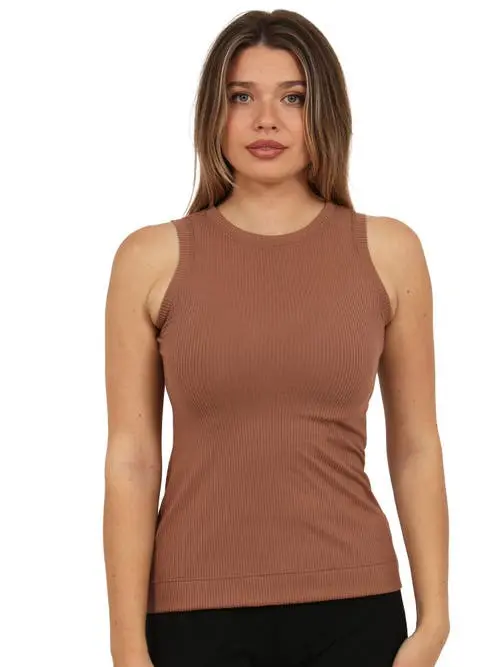 24SEVEN COMFORT APPAREL Basic Ribbed Knit Round Neck Sleeveless Tank Top - Mocha