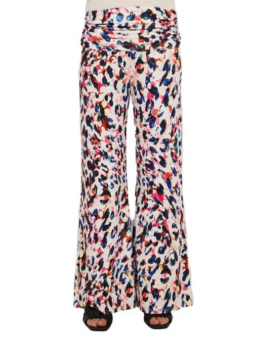 24SEVEN COMFORT APPAREL Essential Cheetah Print Foldover Waist Wide Leg Pants - White Multi